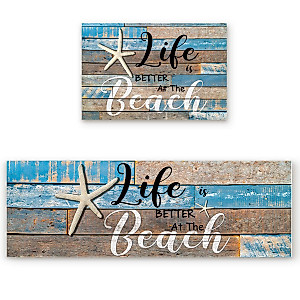 2 Pieces Kitchen Rug Mat Set Absorbent Soft Runner Carpets Ocean Coastal Starfish Beach Retro Wood Grain Life Is Better At The Beach Non Slip Doormat Floor Mats Throw Runner Rug for Living Room