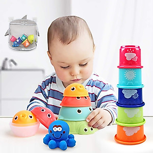 MoraBaby Baby Bath Stacking Toys with Organizer Bag, 8 Stacking Cup Toys, 4 Stack Up Squirts Animal Balls and 1 Floating Blue Octopus, Bath Time Fun Splash Toys, Gifts for Toddler 1-3 Years