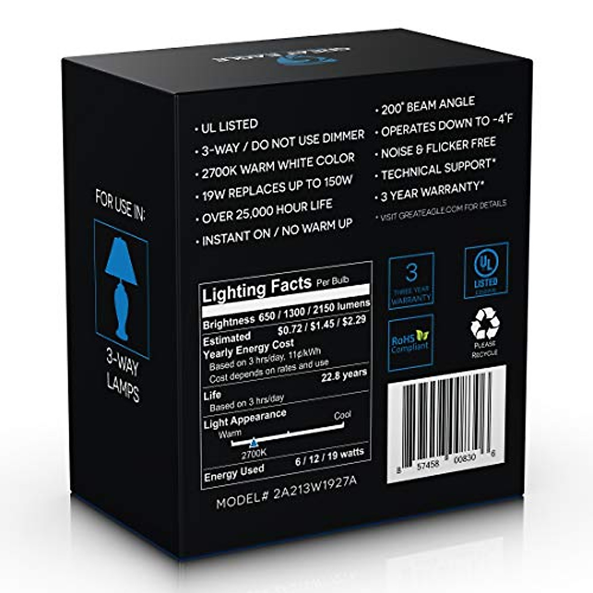 Great Eagle 50/100/150W Equivalent 3-Way A21 LED Light Bulb 2700K Warm White Color (2-Pack)