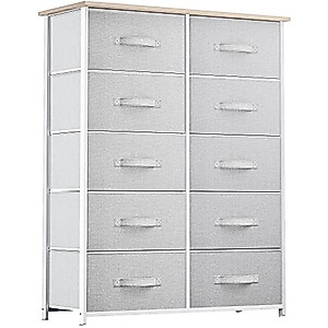 YITAHOME 10 Drawer Dresser - Fabric Storage Tower, Organizer Unit for Bedroom, Living Room, Hallway, Closets & Nursery - Sturdy Steel Frame, Wooden Top & Easy Pull Fabric Bins (Light Grey)