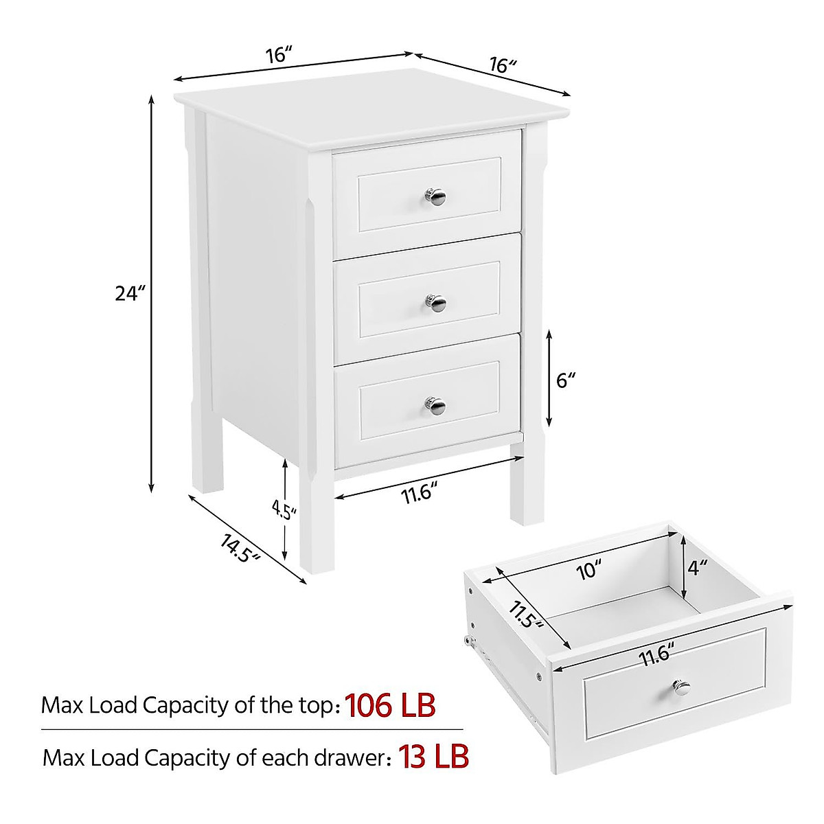 Yaheetech Bedside Table Set of 2, Nightstand with 3 Drawer and Solid Wood Legs, Accent Night Stand with Storage Cabinet for Bedroom and Home Office, 16″ L × 16″ W × 24″ H, White