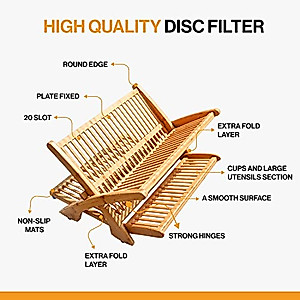 Earth's Dreams Bamboo Dish Drying Rack with Utensils Holder - 3 Tier Collapsible Wooden Dish Drainer with Microfiber Mat - Dish Organizer for Kitchen Counter - Rust Free Plate Rack