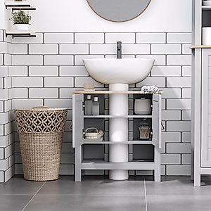 kleankin Pedestal Sink Storage Cabinet, Under Sink Cabinet, Bathroom Vanity Cabinet with Adjustable Shelf and Open Bottom Shelf, Gray