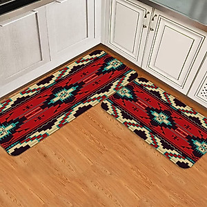 Rustic Southwestern Native American Kitchen Rug Sets 2 Piece with Runner Aztec Tribal Abstract Geometric Navajo Ethnic Vintage Kitchen Rugs and Mats Washable Bath Mat Non Slip Bedroom Area Carpet