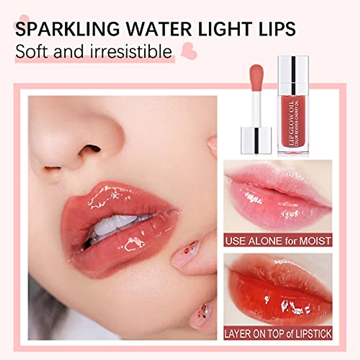 Amazfly Hydrating Lip Oil, Plumping Lip Gloss Tinted Lip Balm Lip Care Transparent Toot Lip Oil, Long Lasting Nourishing Lip Glow Oil Non-sticky Big Brush Head Glitter Shine Primer Lip Tint (015 #
