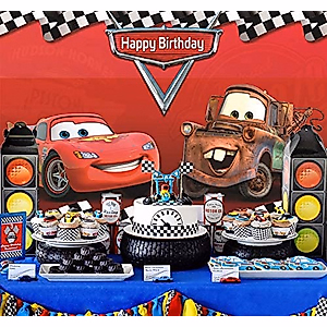 Botong 7x5ft Cartoon Car Birthday Party Themed Backdrops Car Racing Story Black White Grid Red Photo Backgrounds for Photography Birthday Party Banner