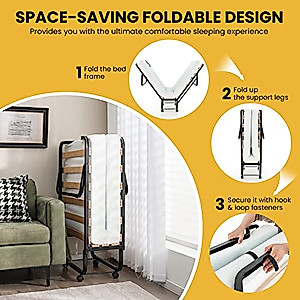 Giantex Folding Bed with Mattress for Adults, Portable Guest Bed with 4 Inch Foam Mattress & Solid Wood Slats, Cot Size Foldable Bed with Lockable Wheels, Rollaway Bed for Home Office, 78 x 31 Inch