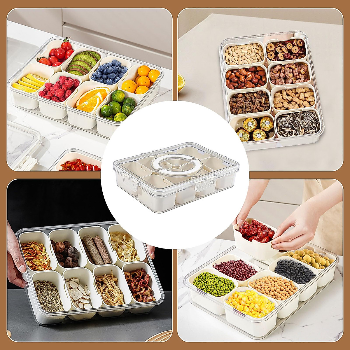 JDISANGI Divided Serving Tray with Lids and Handle, 8pcs Removable Snack Box container for Fruit, Candy, Veggie, Nuts, Snacks, Charcuterie Container Snackle Box for Party, Entertaining, Picnic