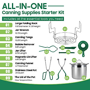 HOMKULA Water Bath Canning Pot with Rack and Lid, Steam Canner with Canning Supplies Starter Kit, 9 Pieces, Stainless Steel, Green (Induction/Glass Top Stove Compatible)