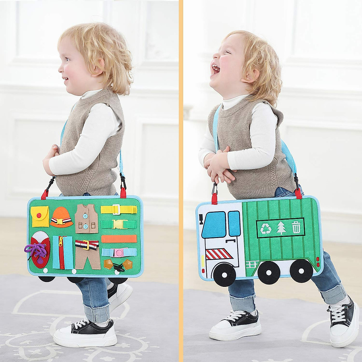 Toddler Busy Board, 14 in 1 Activity Board(Garbage Car Style), Montessori Sensory Toy for Fine Motor Skills, Learning Toy for Airplane or Car Travel, Preschool Educational Gift for Kids Boys Girls