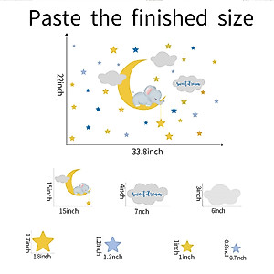 Moon and Stars Wall Stickers, Sleeping Elephant Wall Decals Sweet Dream Decoration for Baby Room Kids Bedroom Nursery and Playroom