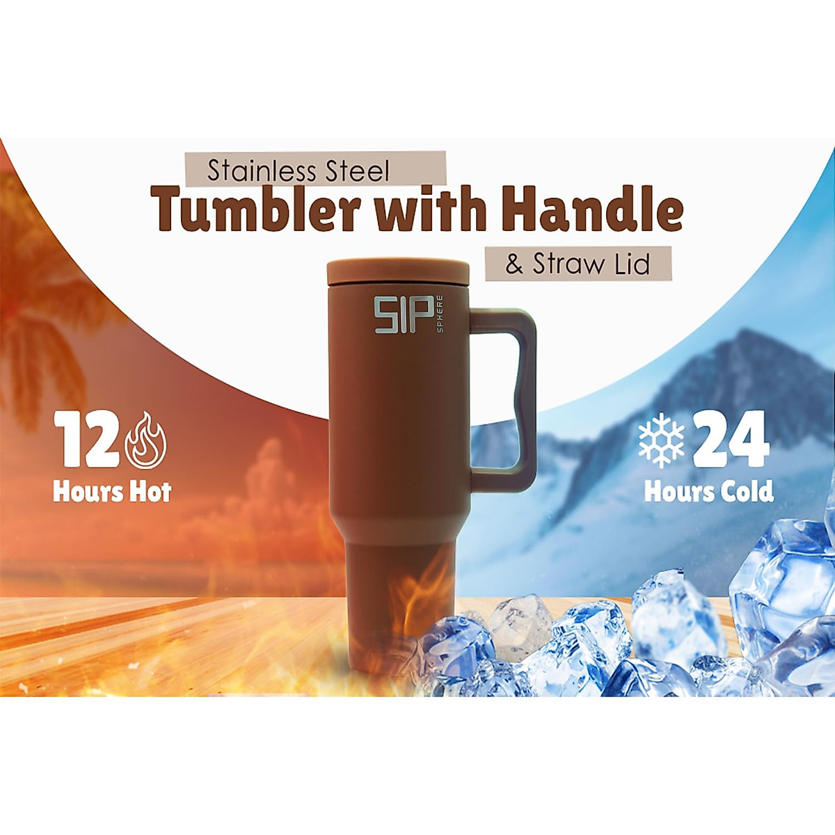 SIP SPHERE Tumbler 40oz Insulated Travel Mug with 2 Straws Double Wall Vacuum Insulated Car Cup Keeps Drinks Hot & Cold (Brown)