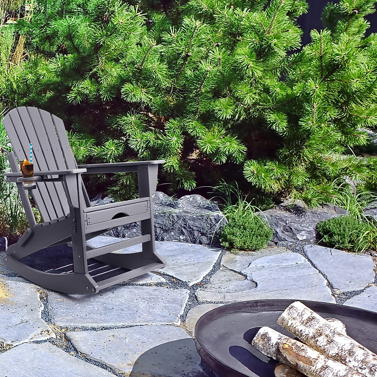 4-in-1 Adirondack Chair with Ottoman,350 LBS Folding Adirondack Chairs,Rocking Adirondack Chair with Cup Holder,Adirondack Chairs Weather Resistant,Plastic Adirondack Chairs for Adults,Fire Pit Chairs