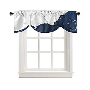 Funnywall88 Tie Up Curtain Valance for Living Room,Wild Marble Pattern Gold White Navy Ombre Valance for Kitchen Window Valance Adjustable Tie-up Valance 18 Inch Rod Pocket 1 Panel