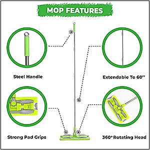 ITSOFT Microfiber Hardwood Floor Mop - Stainless Steel Handle with Extension and 5 Reusable Mop Pads, for Wet or Dry Floor Cleaning, Green