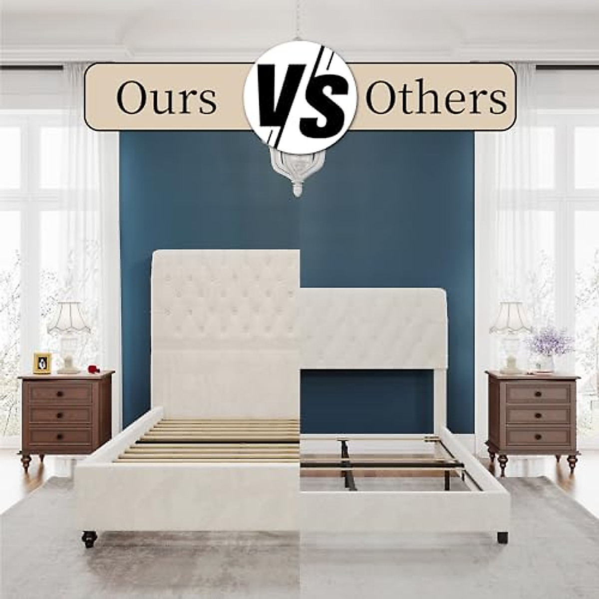 PaPaJet King Size Bed Frame Upholstered Bed Frame King with 52.8” Tall Headboard/Cream