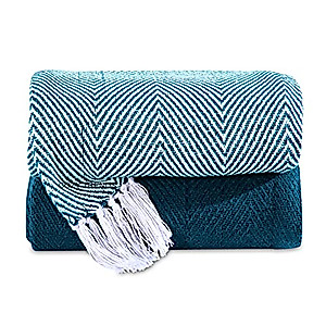 Cozy Home Collection, Luxurious Hand Woven Cozy Warm 100percent Combed Cotton All Season Fade Light Weight Fade Resistant Couch Chair Bed Decorative Throw Blankets Chevron 50Inx60In Set of 2 (Teal)