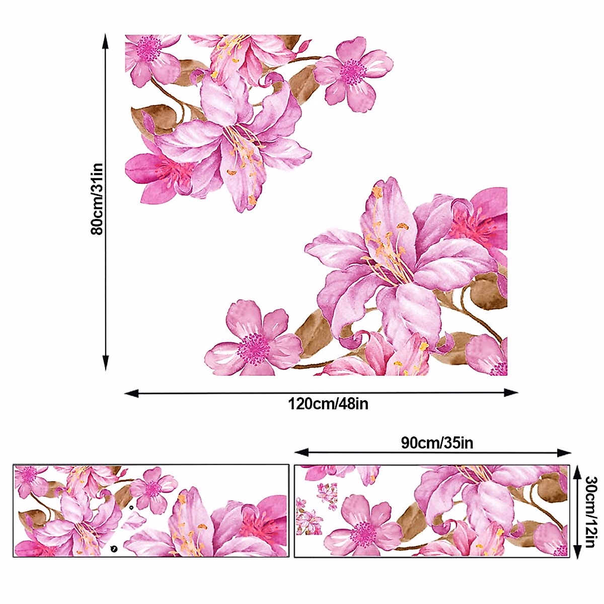 Giant Pink Flowers Wall Decals Lily Floral Wall Stickers DIY Removable Large Peach Blossom Brown Leaf Wall Art Decor for Kids Girls Bedroom Living Room Nursery Playroom Office Decoration DT-129