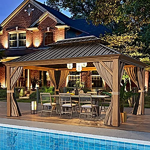 EROMMY 12' x 14' Gazebo, Wooden Finish Coated Aluminum Frame Canopy with Double Galvanized Steel Hardtop Roof, Outdoor Permanent Metal Pavilion with Curtains and Nettings for Patio, Backyard and Deck