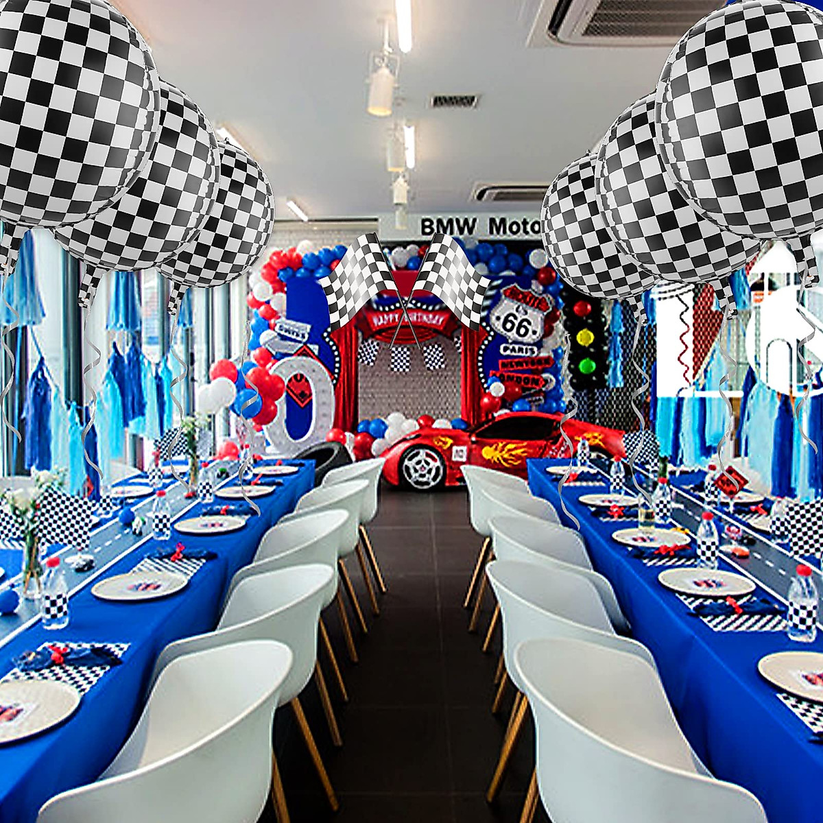 6 Pieces Checkered Balloons, Race Car Balloons 22 Inch Black and White Checkered Balloons 4d Round Sphere Foil Checkered Flag Balloons for Boy Adult Racing Themed Party Decoration Supply