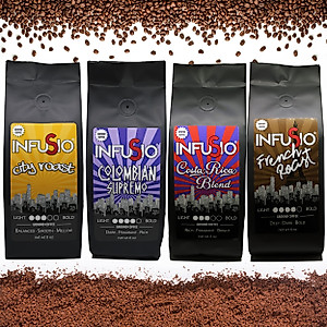 InfuSio Gourmet Ground Coffee, (64oz) Variety Pack, Eight 8oz Bags (Pack of 8) - 4lbs Total - (French Roast/Colombian/City Roast/Costa Rica) With Flavored Blends (Pecan/Hazelnut/Vanilla/Creme Brulee)