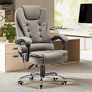 YODOLLA Executive Office Chair with 7 Points Massage&Heat Function, High Back Office Chair w/Footrest Reclining Swivel Home Office Chair, Fabric, Light Grey