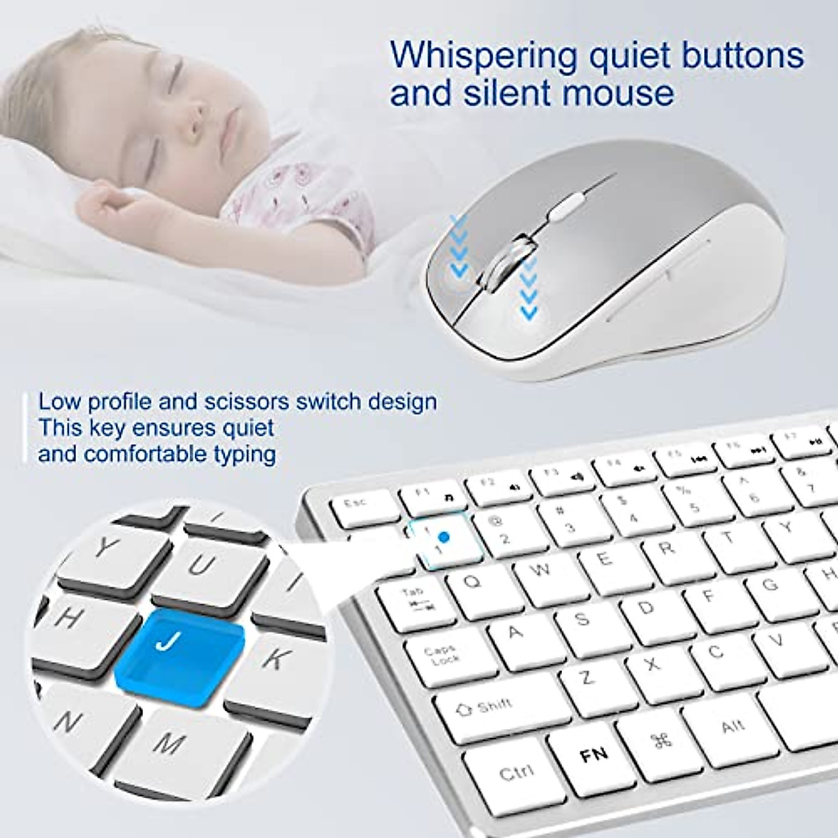 Wireless Keyboard and Mouse Combo Rechargeable USB Cordless Slim Compact Keyboard with Numeric Keypad and Ergonomic Silent Computer Mouse Set for Windows,PC,Laptop,MacBook,Chromebook-Silver White