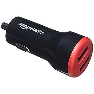 Amazon Basics 24W (4.8A) Two-Port USB-A Car Charger for Apple, Android Devices and more - Black and Red