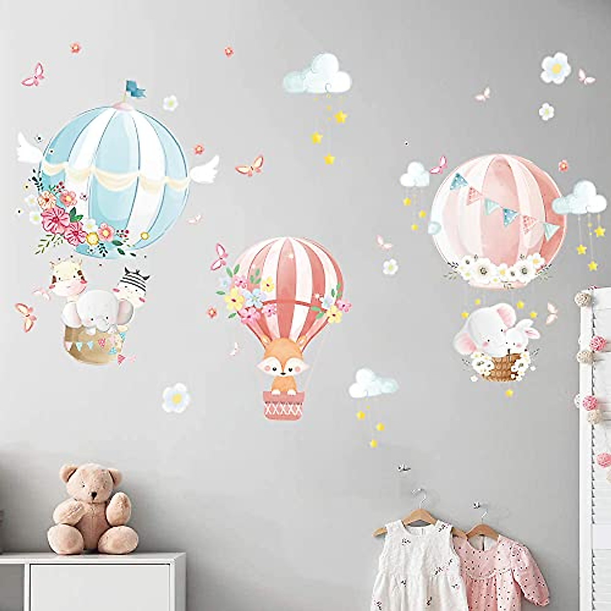 Supzone Hot Air Balloon Wall Sticker Cartoon Animal Wall Decal Fox Elephant Butterfly Wall Decor DIY Vinyl Mural Art for Kids Baby Nursery Bedroom Living Room Playroom