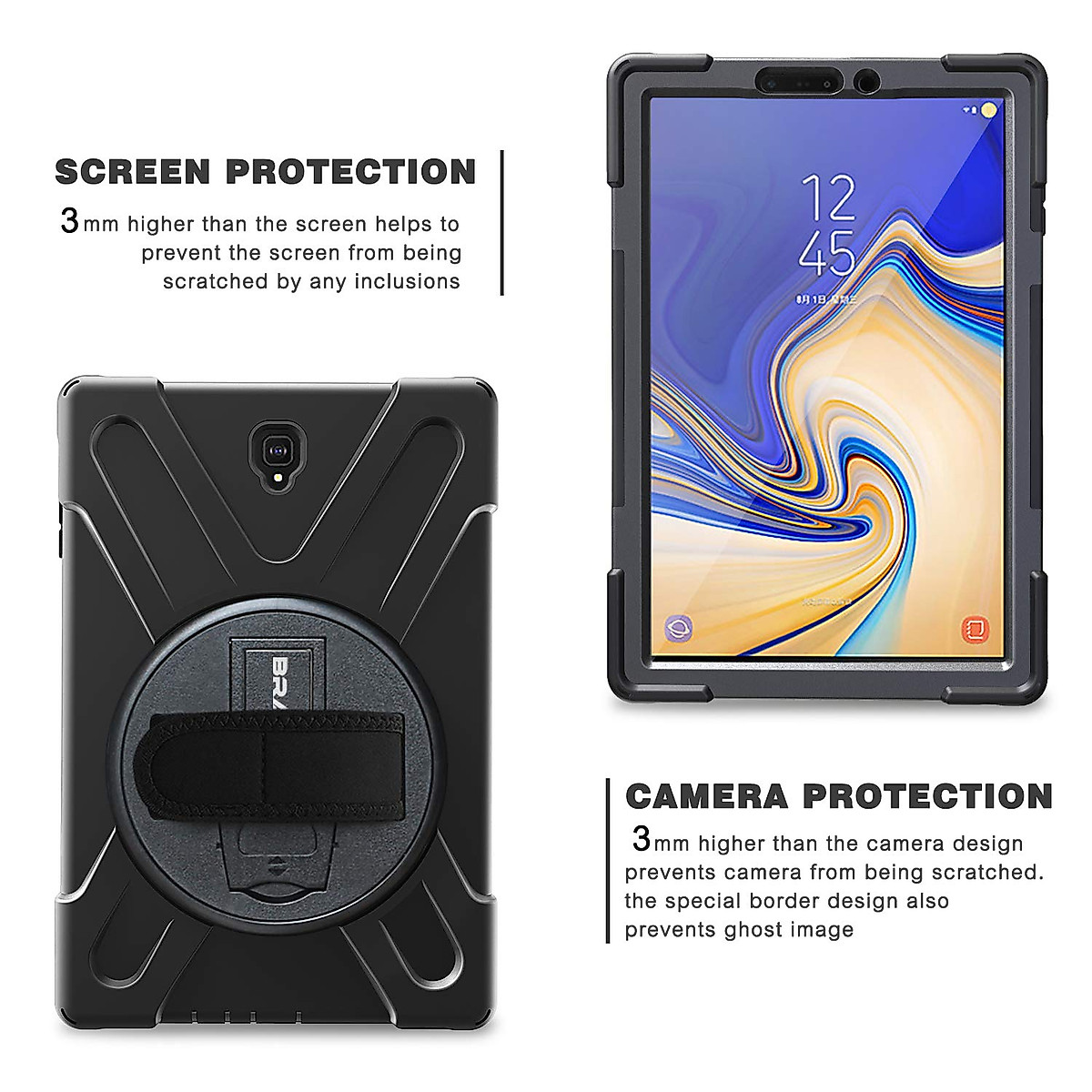 BRAECN for Galaxy Tab S4 10.5" Case,Heavy Duty Shock-Proof Case with 360 Degree Kickstand/Hand Strap and Carrying Shoulder Strap for Samsung Galaxy Tab S4 10.5 inch 2018 SM-T830/T835/T837(Black)