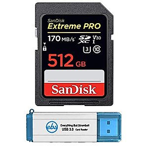 SanDisk Extreme Pro 512GB SD Card SDXC UHS-I Card for Cameras Works with Canon EOS R, M50, M100 (SDSDXXY-512G-GN4IN) 4K UHD Video Class 10 Bundle with 1 Everything But Stromboli 3.0 Memory Card Reader