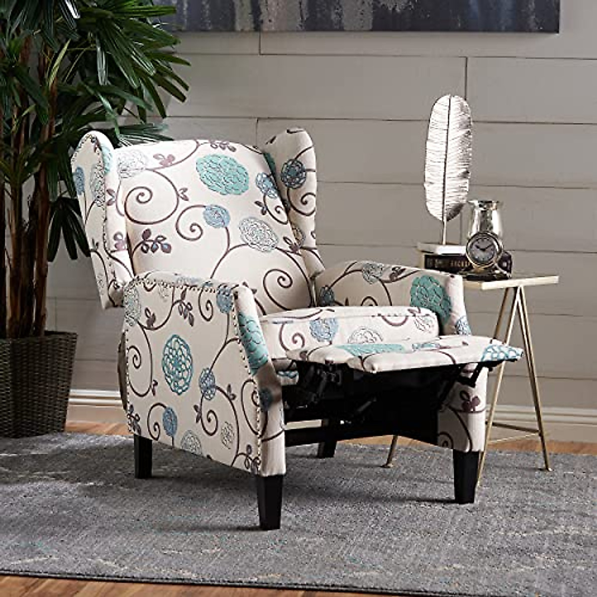 Christopher Knight Home Westeros Traditional Wingback Fabric Recliner Chair (White & Blue Floral) and Ippolito Fabric Pillows, 2-Pcs Set, White and Blue Floral