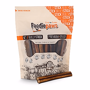 FOODIEPAWS All Natural 6-inch Jumbo Bully Sticks Odor Free USA Packed for Medium, Large Dogs- 100% Free-Range Grass-Fed Beef-Single Ingredient & Rawhide Free-Longer Lasting Dental Dog Chews 10 Pcs