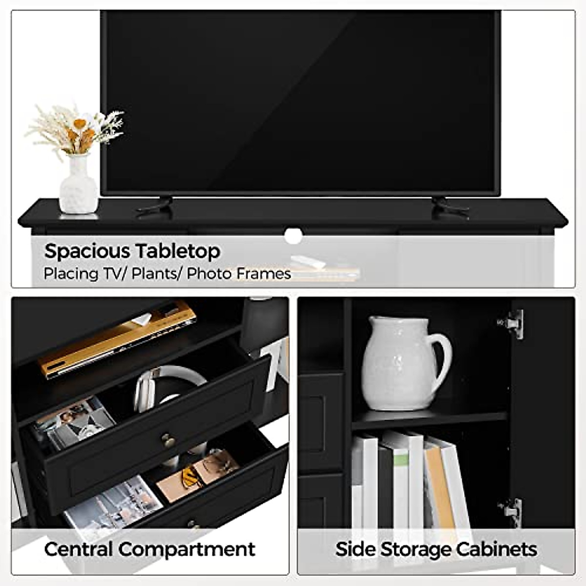 Yaheetech TV Stand with Storage for TVs up to 65 inch, Black TV Console Table for Living Room, Media Entertainment Center TV Storage Cabinet with 2 Central Drawers & Open Shelf, 58 in