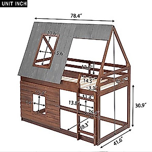 Merax Twin Over Twin Bunk Bed Wood Frame with Roof, Ladder and 2 Windows for Kids Teens Girls Boys，Oak & Smoky Grey