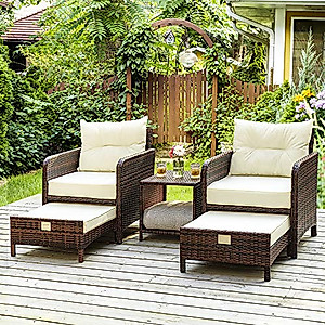 Pamapic 5 Pieces Wicker Patio Furniture Set Outdoor Patio Chairs with Ottomans Conversation Furniture with coffetable for Poorside Garden Balcony(Beige)