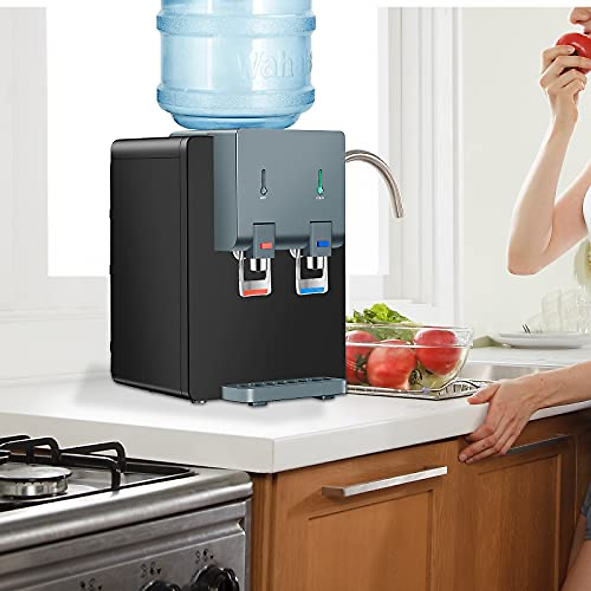 ACCVI Premium Countertop Water Cooler Dispenser, Holds 3 or 5 Gallon Jug, Top Loading, Hot and Cold Water, Child Safety Lock, Compact Design Ideal For Homes, Kitchens, Offices, Dorms, Black