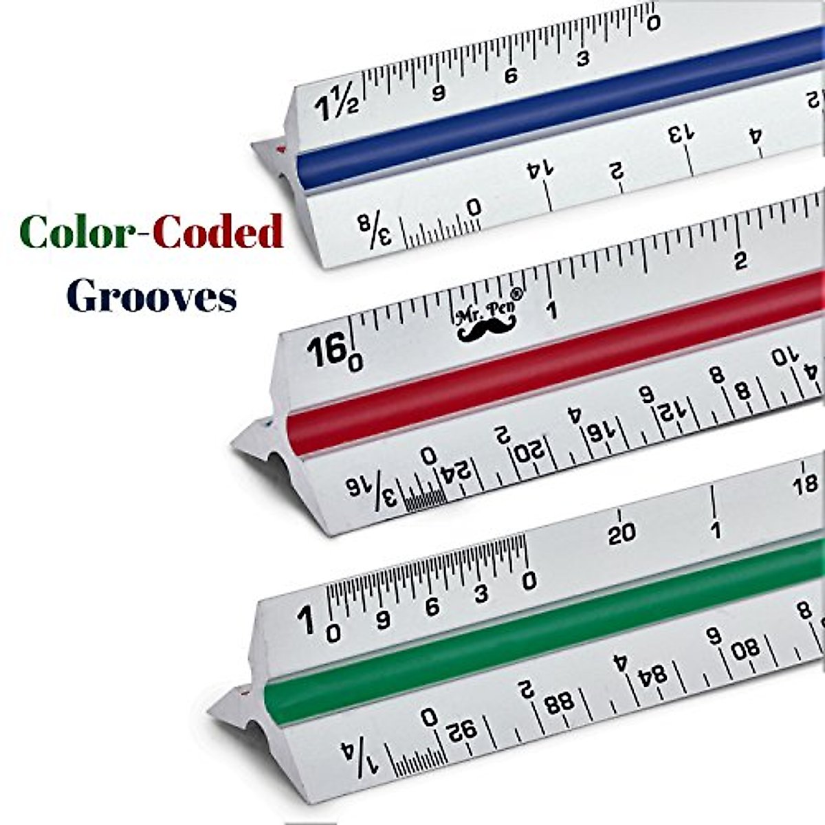 Mr. Pen Triangular, Architectural, Aluminum Scale Ruler for Blueprint, Drafting, Color-Coded, 12 Inches