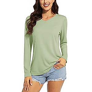 TACVASEN Women T Shirts Long Sleeve Sun Protection Shirts V Neck Workout Shirts Running Shirts UPF 50+ Shirts Hiking Shirts Quick Dry Athletic Shirts Rash Guard Gym T-Shirt Light Green