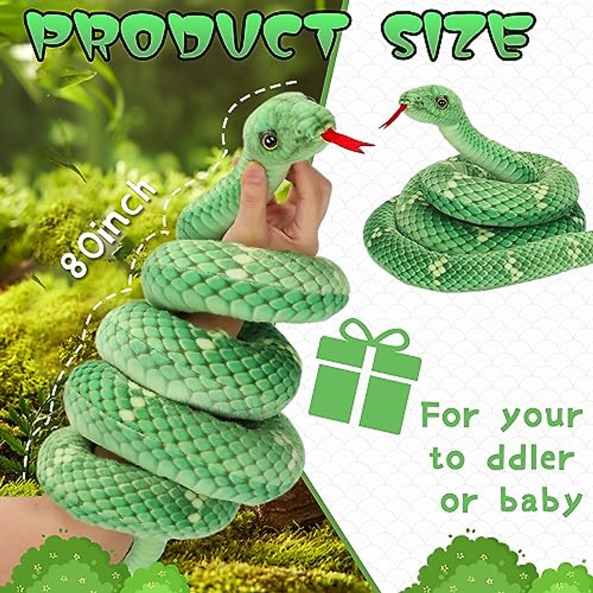 80 Inch Giant Snake Plush Large Realistic Snake Stuffed Animal Toy Lifelike Boa Constrictor Gifts for Kids Birthday Jungle Party Prank Props (Green)