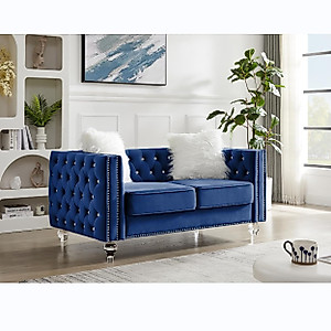BeiXuan Modern Eucalyptus Wood Frame Convertible Loveseat Sofa Bed,2-Seat Couch Leisure Chair with Upholstery Pillows,for Living Room/Reading/Bedroom/Apartment/Small Space,Blue Velvet