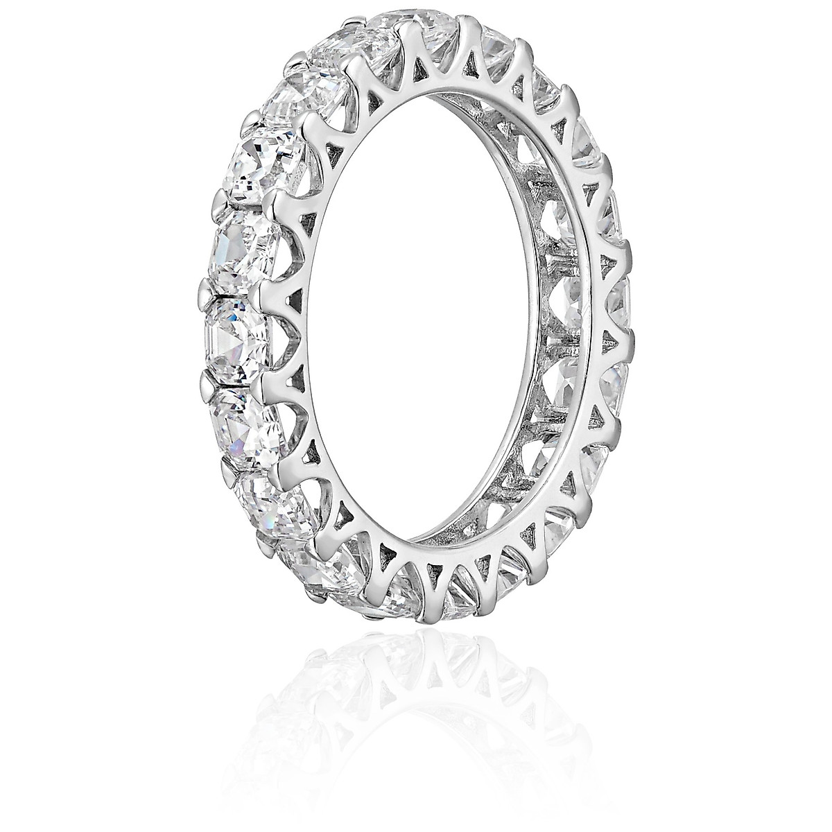 Amazon Essentials Platinum-Plated Sterling Silver Infinite Elements Cubic Zirconia Asscher-cut Eternity Band Ring, Size 6, (previously Amazon Collection)