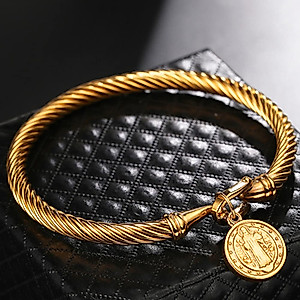 MORE FUN Catholic Saint Benedict Bracelets, Blessings Medal Stainless Steel Charm Pendant Twisted Cable Bangle Bracelet, Gold Plated