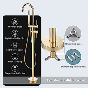 YAGATAP Freestanding Bathtub Faucet Floor Mount Tub Filler Brushed Gold High Flow Shower Faucets with Handheld Shower Mixer Taps Swivel Spout