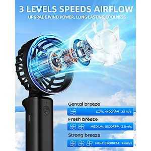 Hssio Portable Handheld Fan, Mini Desk Fan Foldable 2000mAh, 180° Ratotion, 3 Speeds, Ultra Quite, Up to 8H Long Use Time, Small Personal Cooling Fans Makeup Eyelash Fan, Black+Light Blue