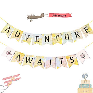 JeVenis Adventure Awaits Banner Bon Voyage Banner Travel Theme Banner World Map Travel Themed Baby Shower Banner Vintage Atlas Map Banner for Bridal Shower Graduation Party Moving Party