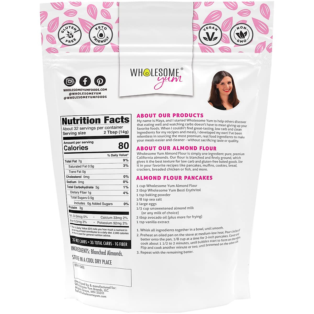 Wholesome Yum Premium Fine Blanched Almond Flour For Baking & More (16 oz / 1 lb) - Low Carb, Gluten Free, Non GMO, Keto Friendly Flour Substitute With Ground Almonds