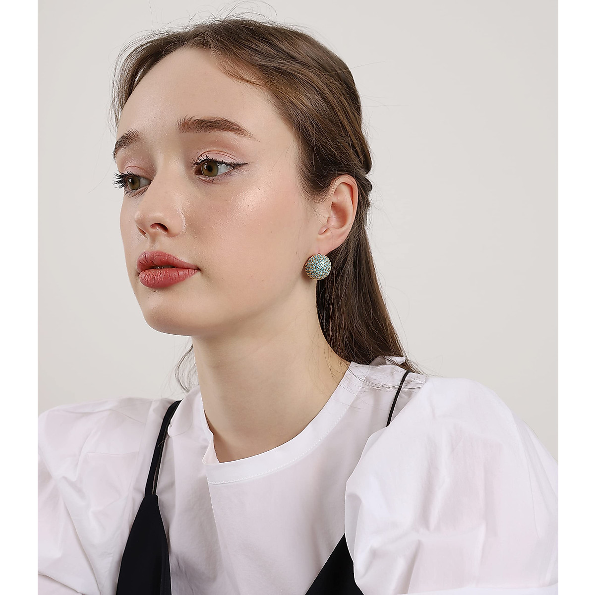 M.DUN - Disco Ball Earrings 925 Stering Silver Post 18K Gold Plated CZ Micro Pave Dainty Round Gold Stud Huggie earrings for Women (YG_turqu_large)