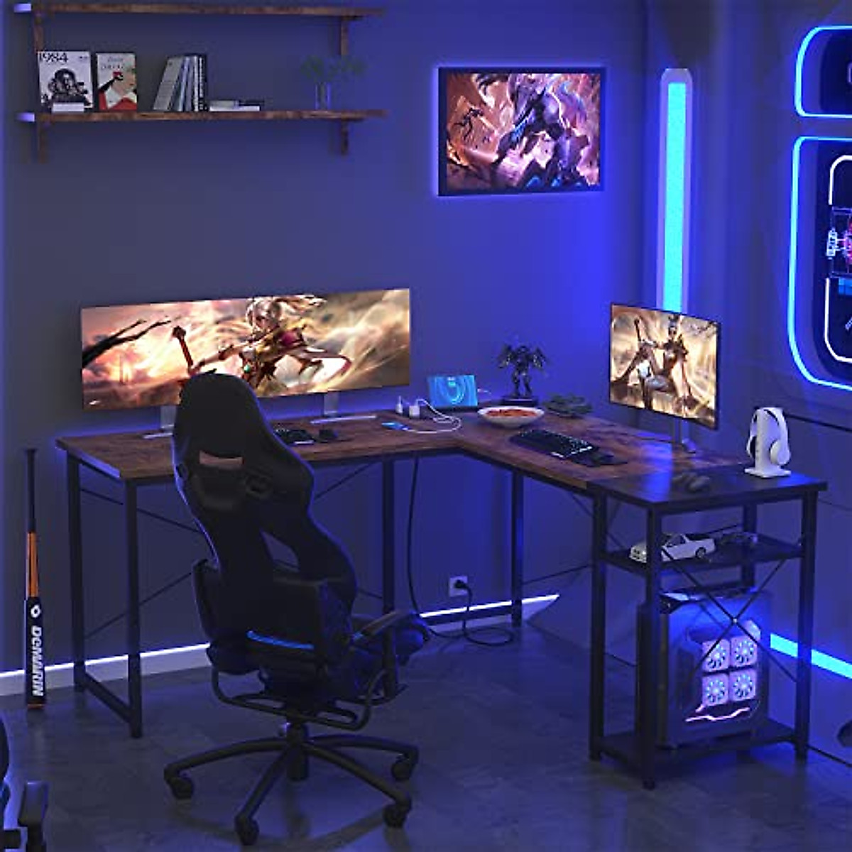 Ecoprsio L-Shaped Desk with Power Station and USB, Large L Shaped Gaming Desk with Storage Shelves Industrial Corner Desk Writing Study Table for Home Office Gaming Workstation, Rustic Brown and Black