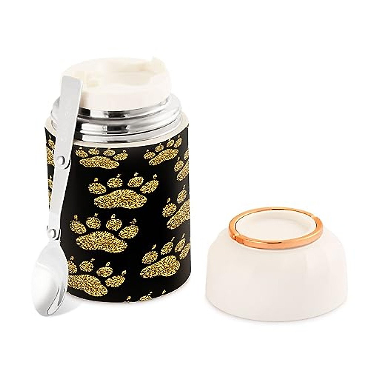 CUPADA Dog Paw Print Food Jar for Hot and Cold, Golden Glitter Insulated Food Jars Vacuum 17OZ with Folding Spoon for Work Trip Picnic Camping